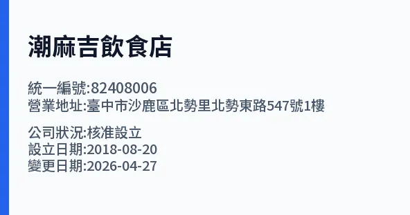 潮麻吉飲食店的照片-統編 82408006(臺中市) 公司登記資料與營業項目詳細圖表