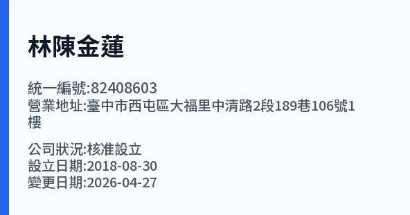 林陳金蓮的照片-統編 82408603(臺中市) 公司登記資料與營業項目詳細圖表
