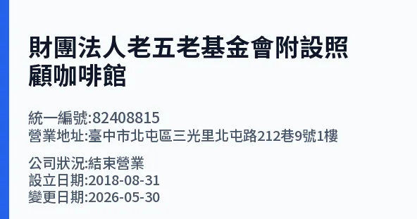 財團法人老五老基金會附設照顧咖啡館的照片-統編 82408815(臺中市) 公司登記資料與營業項目詳細圖表