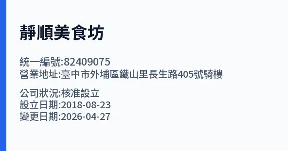 靜順美食坊的照片-統編 82409075(臺中市) 公司登記資料與營業項目詳細圖表