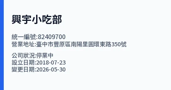 興宇小吃部的照片-統編 82409700(臺中市) 公司登記資料與營業項目詳細圖表