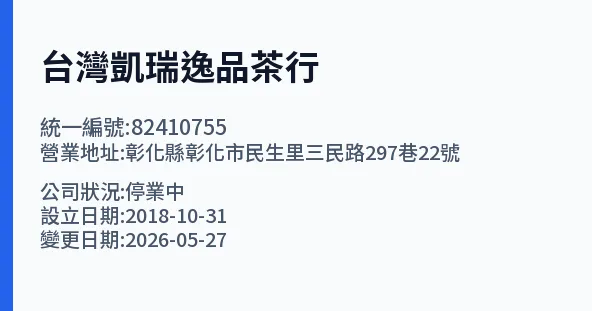 台灣凱瑞逸品茶行的照片-統編 82410755(彰化縣) 公司登記資料與營業項目詳細圖表