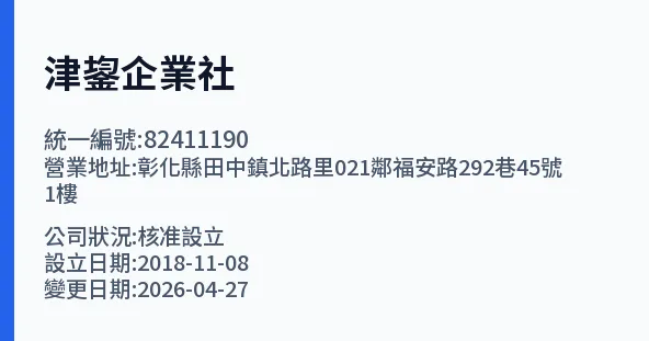 津鋆企業社的照片-統編 82411190(彰化縣) 公司登記資料與營業項目詳細圖表