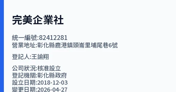 完美企業社的照片-統編 82412281(彰化縣) 公司登記資料與營業項目詳細圖表