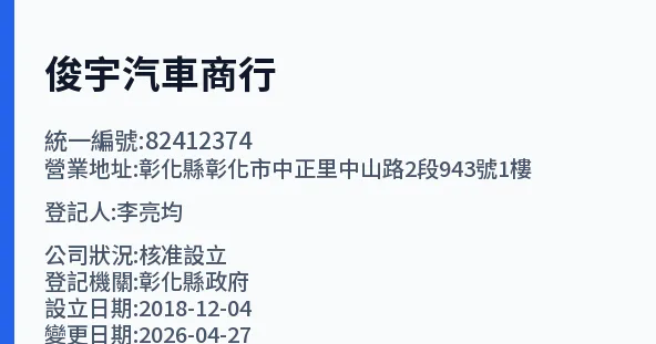 俊宇汽車商行的照片-統編 82412374(彰化縣) 公司登記資料與營業項目詳細圖表