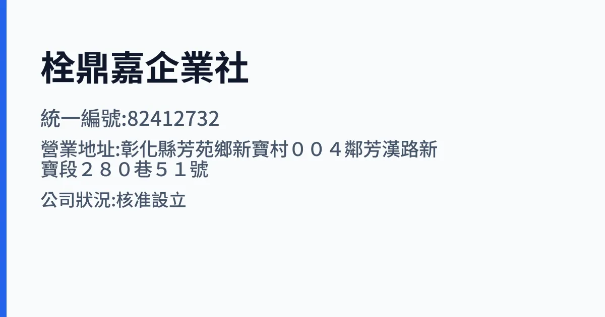 栓鼎嘉企業社 - 統編 82412732(彰化縣) 公司登記資料與營業項目詳細圖表