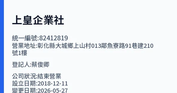 上皇企業社的照片-統編 82412819(彰化縣) 公司登記資料與營業項目詳細圖表
