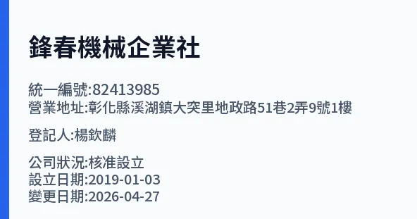 鋒春機械企業社的照片-統編 82413985(彰化縣) 公司登記資料與營業項目詳細圖表