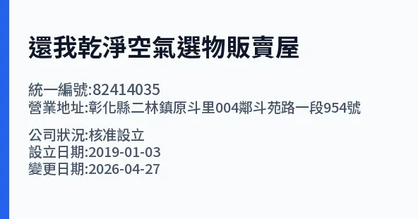 還我乾淨空氣選物販賣屋的照片-統編 82414035(彰化縣) 公司登記資料與營業項目詳細圖表