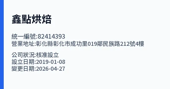 鑫點烘焙的照片-統編 82414393(彰化縣) 公司登記資料與營業項目詳細圖表