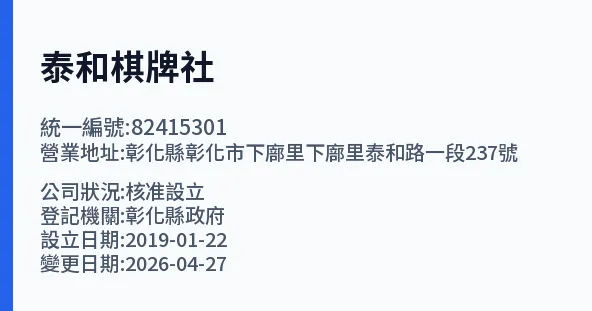 泰和棋牌社的照片-統編 82415301(彰化縣) 公司登記資料與營業項目詳細圖表