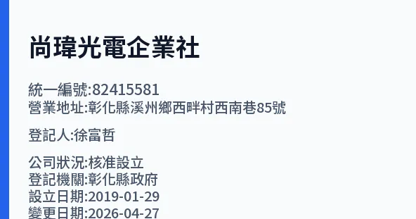 尚瑋光電企業社的照片-統編 82415581(彰化縣) 公司登記資料與營業項目詳細圖表