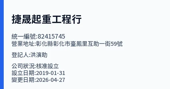 捷晟起重工程行的照片-統編 82415745(彰化縣) 公司登記資料與營業項目詳細圖表