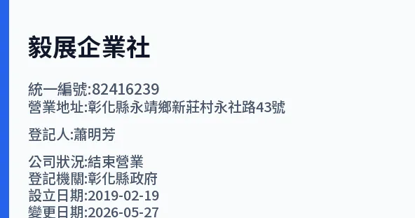 毅展企業社的照片-統編 82416239(彰化縣) 公司登記資料與營業項目詳細圖表