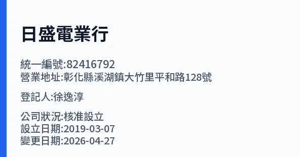 日盛電業行的照片-統編 82416792(彰化縣) 公司登記資料與營業項目詳細圖表