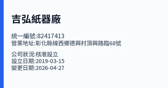 吉弘紙器廠的照片-統編 82417413(彰化縣) 公司登記資料與營業項目詳細圖表