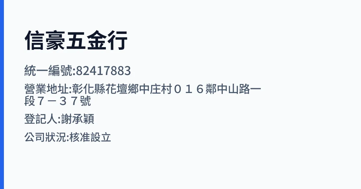 信豪五金行 - 統編 82417883(彰化縣) 公司登記資料與營業項目詳細圖表