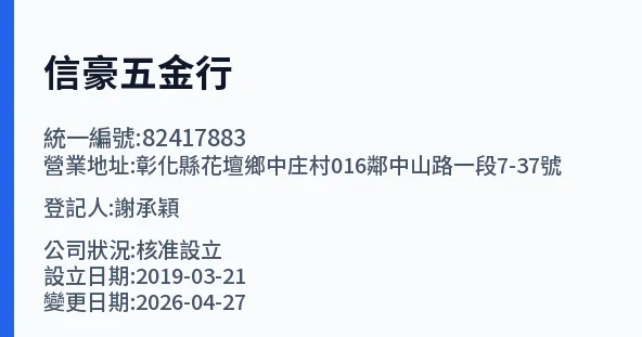信豪五金行的照片-統編 82417883(彰化縣) 公司登記資料與營業項目詳細圖表
