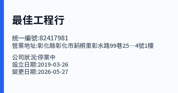 最佳工程行的照片-統編 82417981(彰化縣) 公司登記資料與營業項目詳細圖表