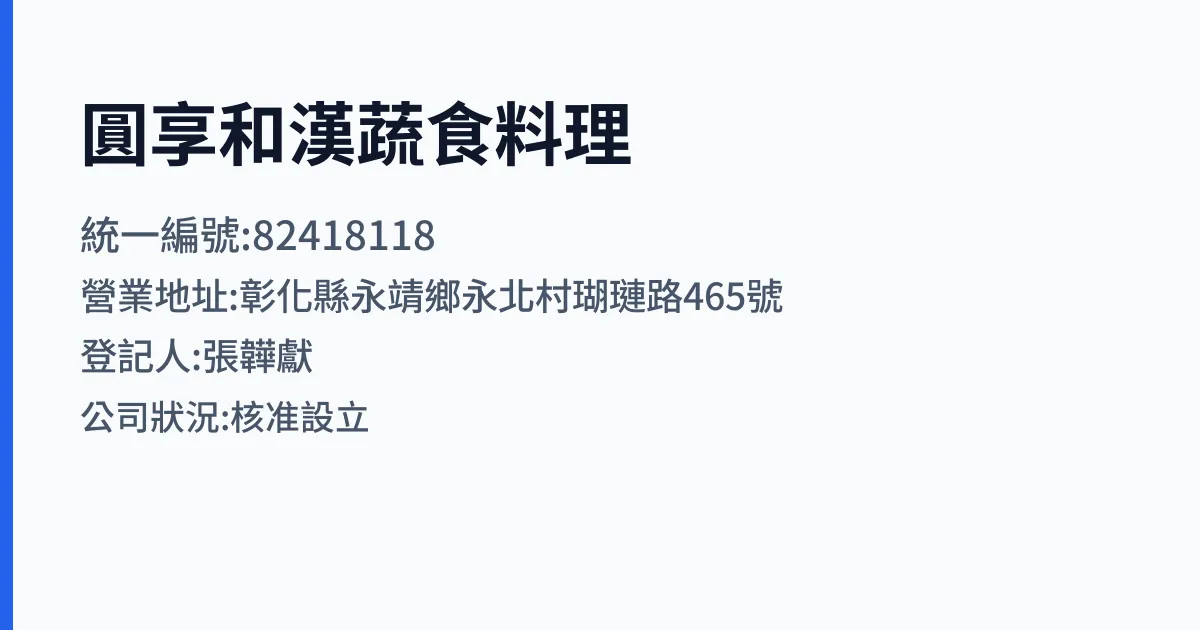 圓享和漢蔬食料理 - 統編 82418118(彰化縣) 公司登記資料與營業項目詳細圖表