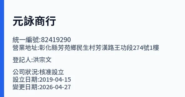 元詠商行的照片-統編 82419290(彰化縣) 公司登記資料與營業項目詳細圖表