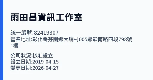雨田昌資訊工作室的照片-統編 82419307(彰化縣) 公司登記資料與營業項目詳細圖表