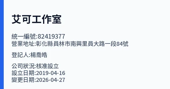 艾可工作室的照片-統編 82419377(彰化縣) 公司登記資料與營業項目詳細圖表