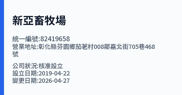 新亞畜牧場的照片-統編 82419658(彰化縣) 公司登記資料與營業項目詳細圖表