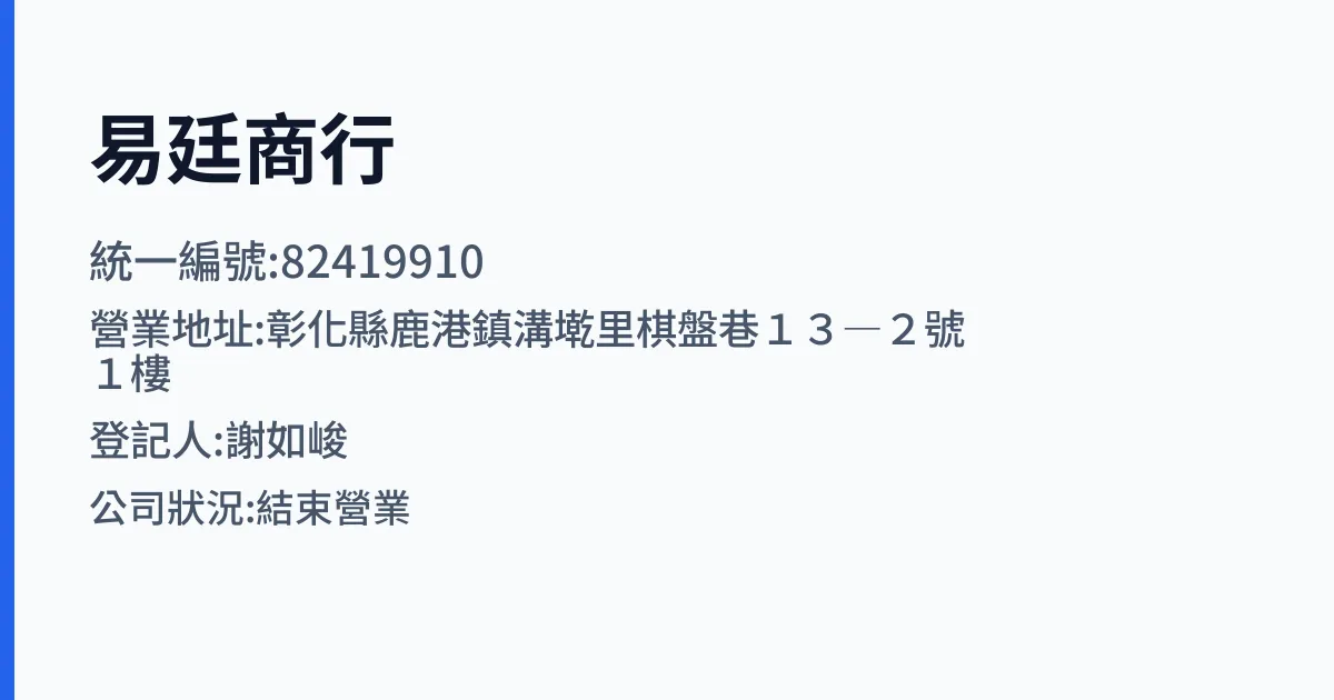 易廷商行 - 統編 82419910(彰化縣) 公司登記資料與營業項目詳細圖表