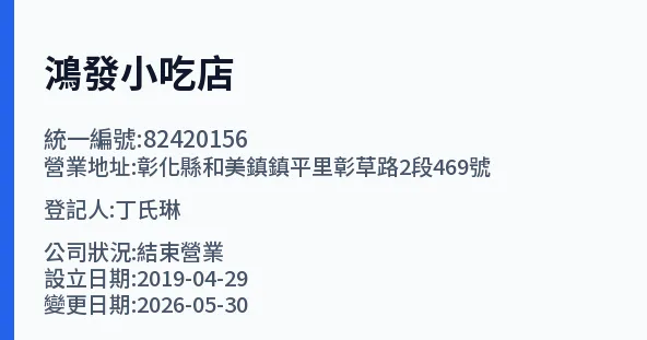 鴻發小吃店的照片-統編 82420156(彰化縣) 公司登記資料與營業項目詳細圖表