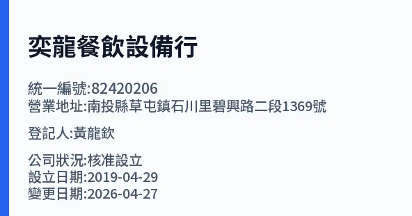 奕龍餐飲設備行的照片-統編 82420206(南投縣) 公司登記資料與營業項目詳細圖表