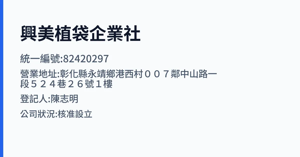 興美植袋企業社 - 統編 82420297(彰化縣) 公司登記資料與營業項目詳細圖表