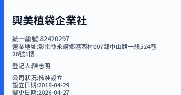 興美植袋企業社的照片-統編 82420297(彰化縣) 公司登記資料與營業項目詳細圖表