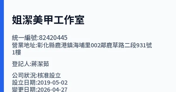 姐潔美甲工作室的照片-統編 82420445(彰化縣) 公司登記資料與營業項目詳細圖表
