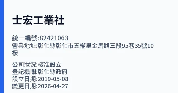 士宏工業社的照片-統編 82421063(彰化縣) 公司登記資料與營業項目詳細圖表