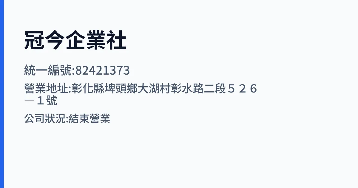 冠今企業社 - 統編 82421373(彰化縣) 公司登記資料與營業項目詳細圖表