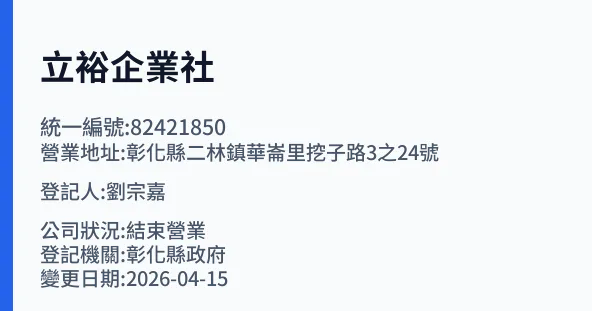 立裕企業社 - 統編 82421850(彰化縣) 公司登記資料與營業項目詳細圖表