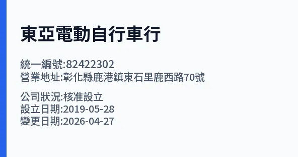 東亞電動自行車行的照片-統編 82422302(彰化縣) 公司登記資料與營業項目詳細圖表