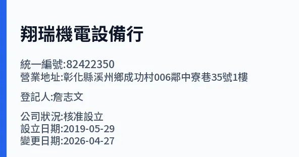 翔瑞機電設備行的照片-統編 82422350(彰化縣) 公司登記資料與營業項目詳細圖表