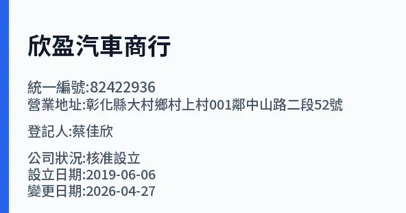 欣盈汽車商行的照片-統編 82422936(彰化縣) 公司登記資料與營業項目詳細圖表
