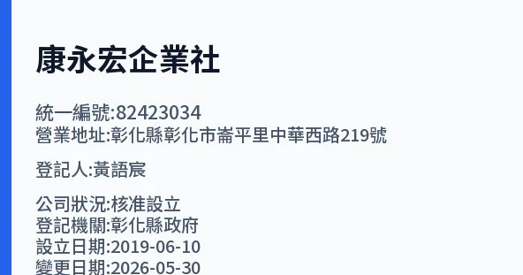 康永宏企業社的照片-統編 82423034(彰化縣) 公司登記資料與營業項目詳細圖表