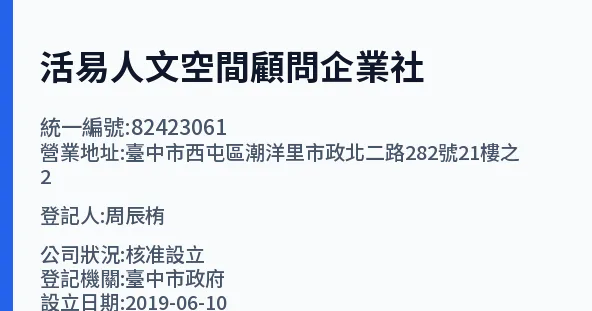 活易人文空間顧問企業社的照片-統編 82423061(臺中市) 公司登記資料與營業項目詳細圖表