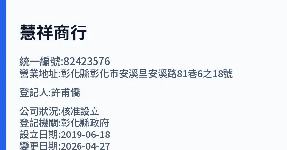 慧祥商行的照片-統編 82423576(彰化縣) 公司登記資料與營業項目詳細圖表