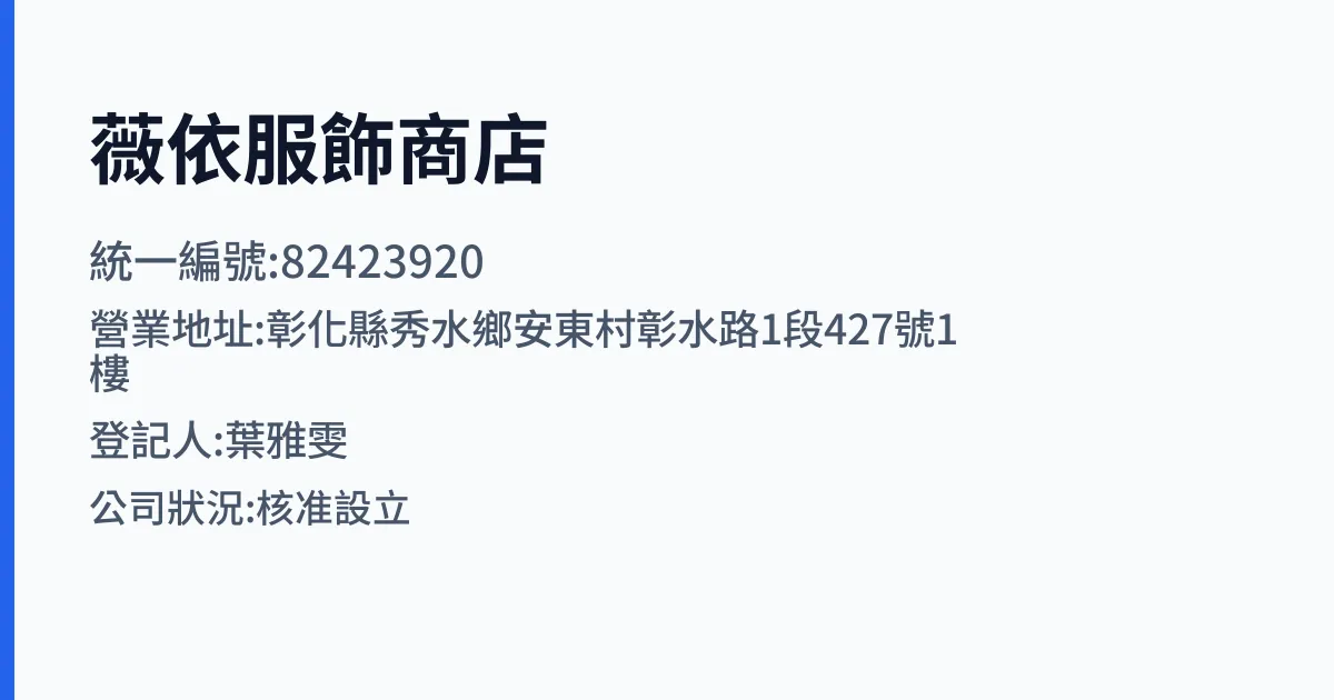 薇依服飾商店 - 統編 82423920(彰化縣) 公司登記資料與營業項目詳細圖表