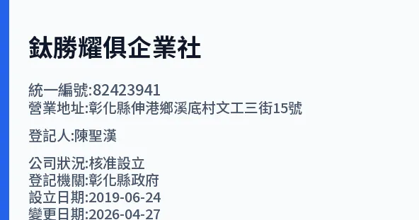鈦勝耀俱企業社的照片-統編 82423941(彰化縣) 公司登記資料與營業項目詳細圖表