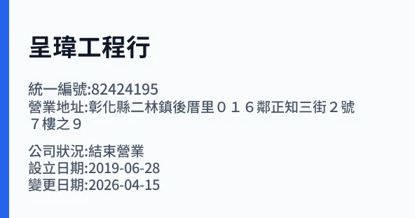 呈瑋工程行的照片-統編 82424195(彰化縣) 公司登記資料與營業項目詳細圖表