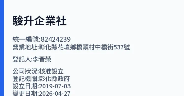 駿升企業社的照片-統編 82424239(彰化縣) 公司登記資料與營業項目詳細圖表
