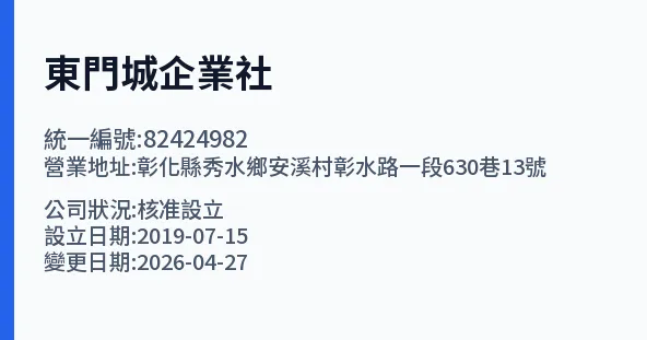 東門城企業社的照片-統編 82424982(彰化縣) 公司登記資料與營業項目詳細圖表