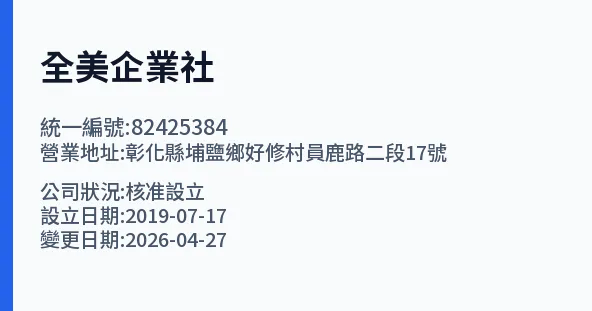 全美企業社的照片-統編 82425384(彰化縣) 公司登記資料與營業項目詳細圖表
