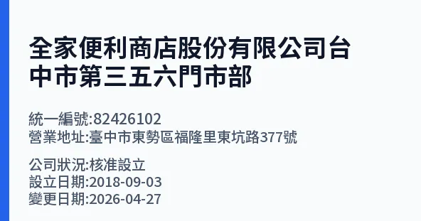 全家便利商店股份有限公司台中市第三五六門市部的照片-統編 82426102(臺中市) 公司登記資料與營業項目詳細圖表